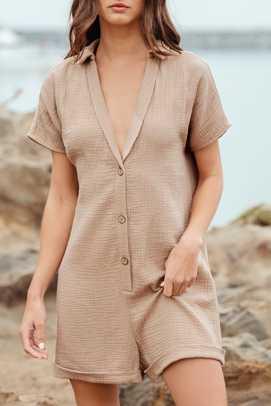 Tan Collared Plunging-V Romper